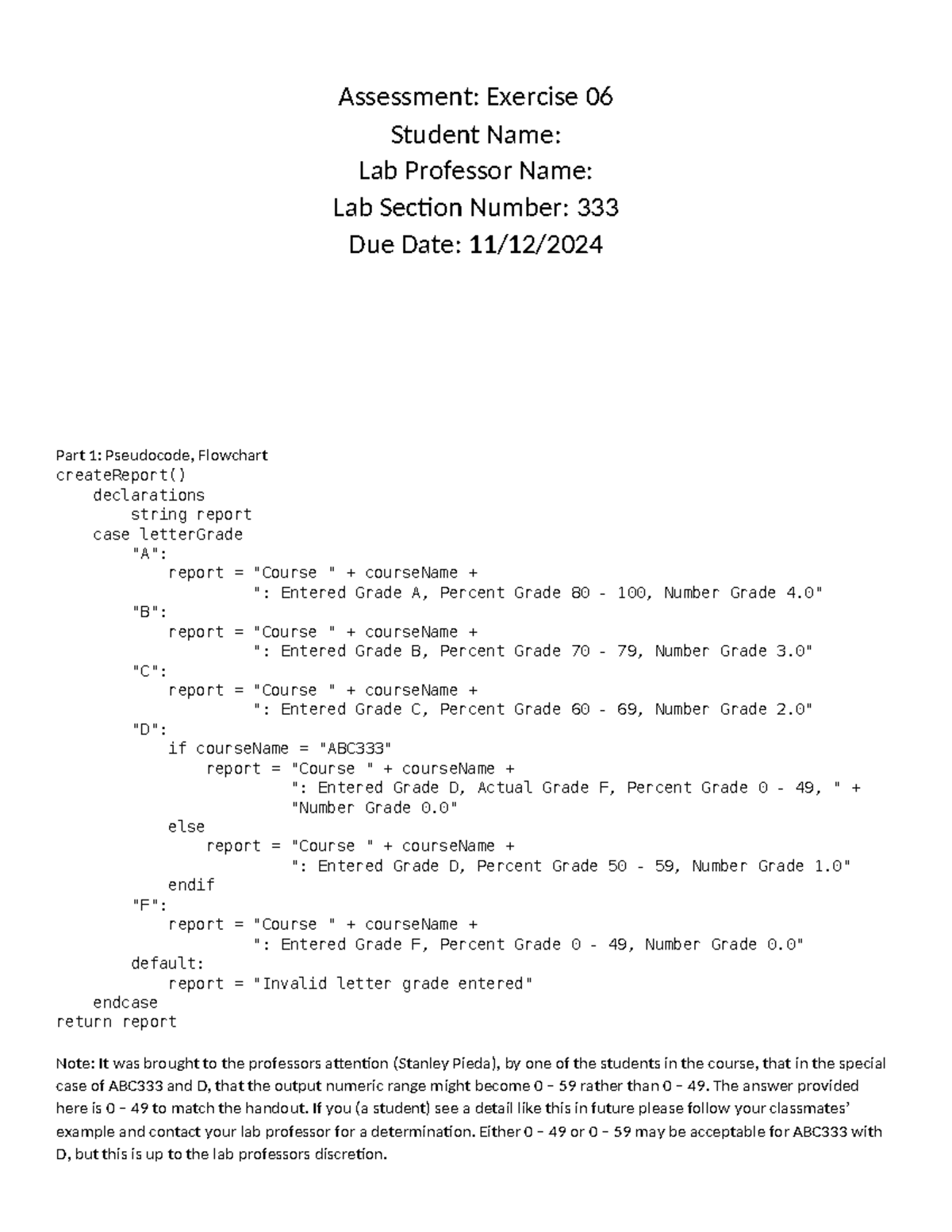 Pre-Lab Exercise 04 Solution - Assessment: Exercise 06 Student Name ...