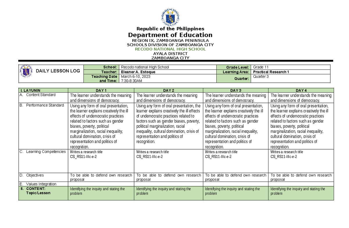 Daily Lesson Log - Republic of the Philippines Department of Education ...