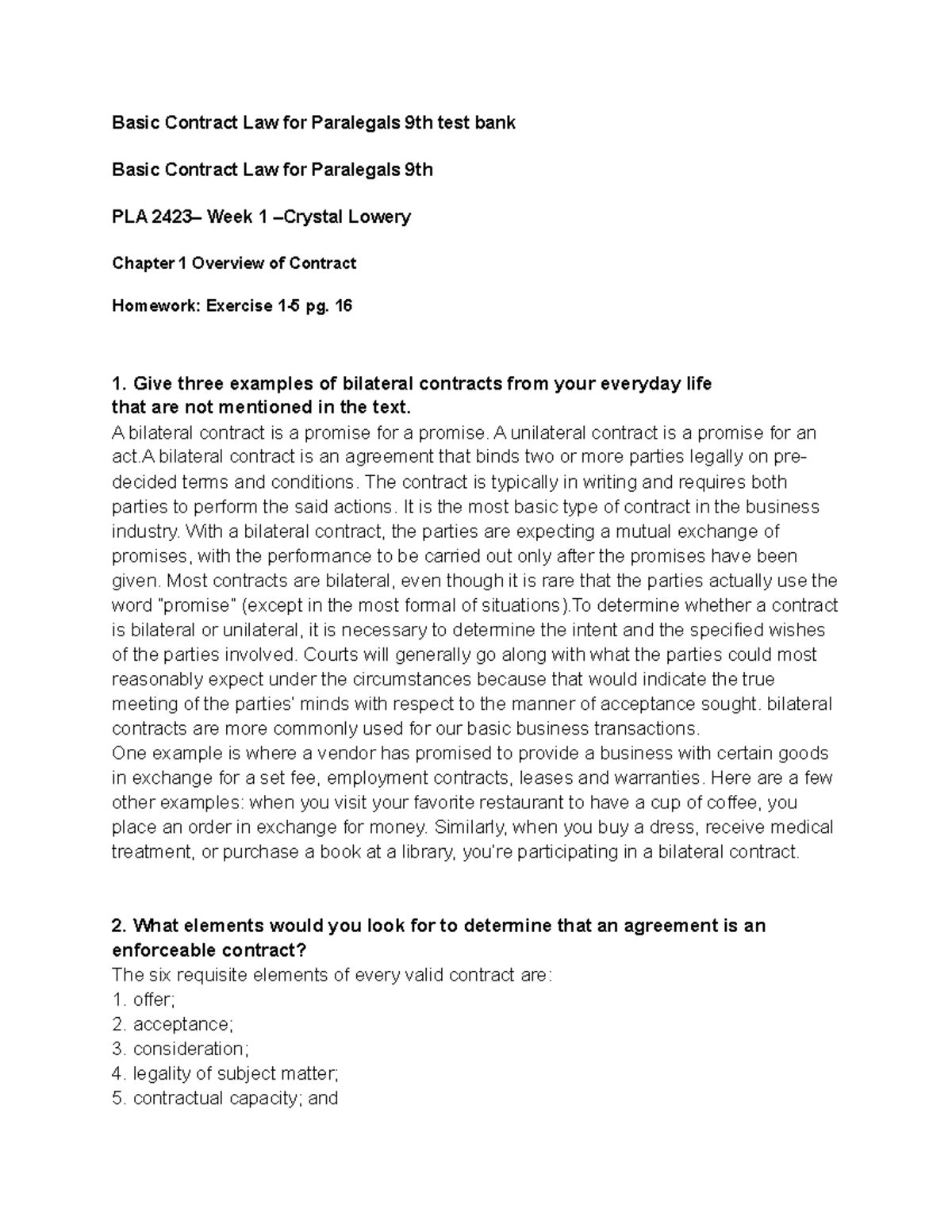 PLA 2423– Week 1 –Crystal Lowery - Basic Contract Law for Paralegals ...