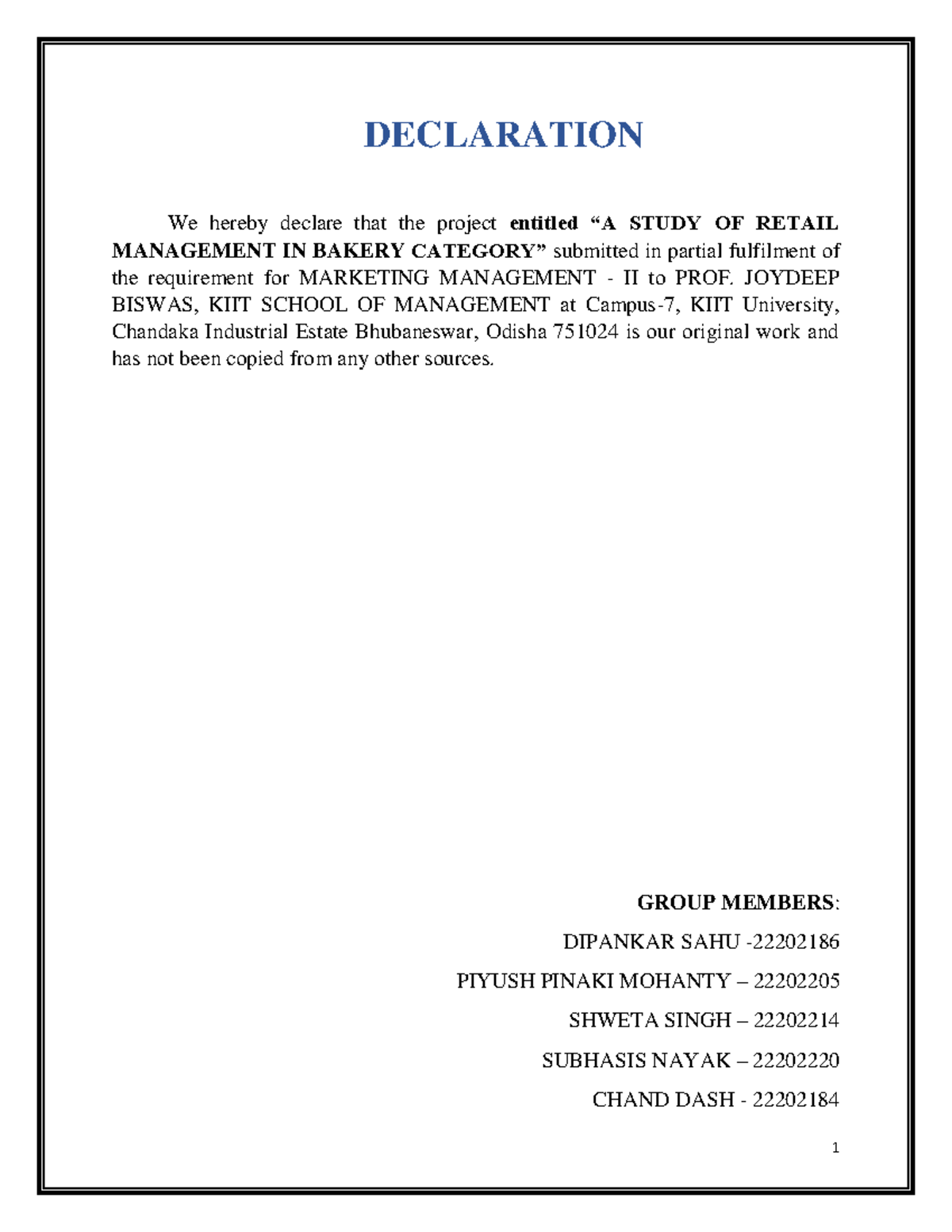 Marketing Management II Project - DECLARATION We hereby declare that ...