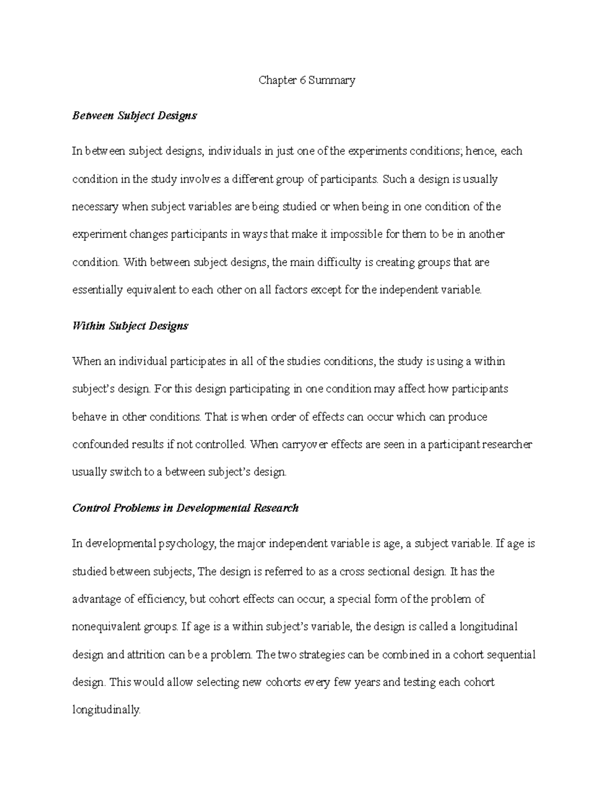 Chapter 6 Summary - Chapter 6 Summary Between Subject Designs In ...