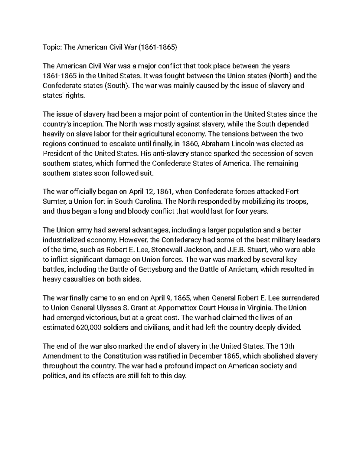 Topic The American Civil War (1861-1865)-2 - Topic: The American Civil ...