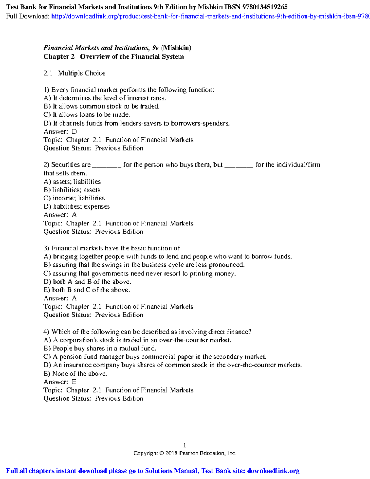 Chapter 2 - Financial Markets and Institutions 9th edition tests - 1 ...