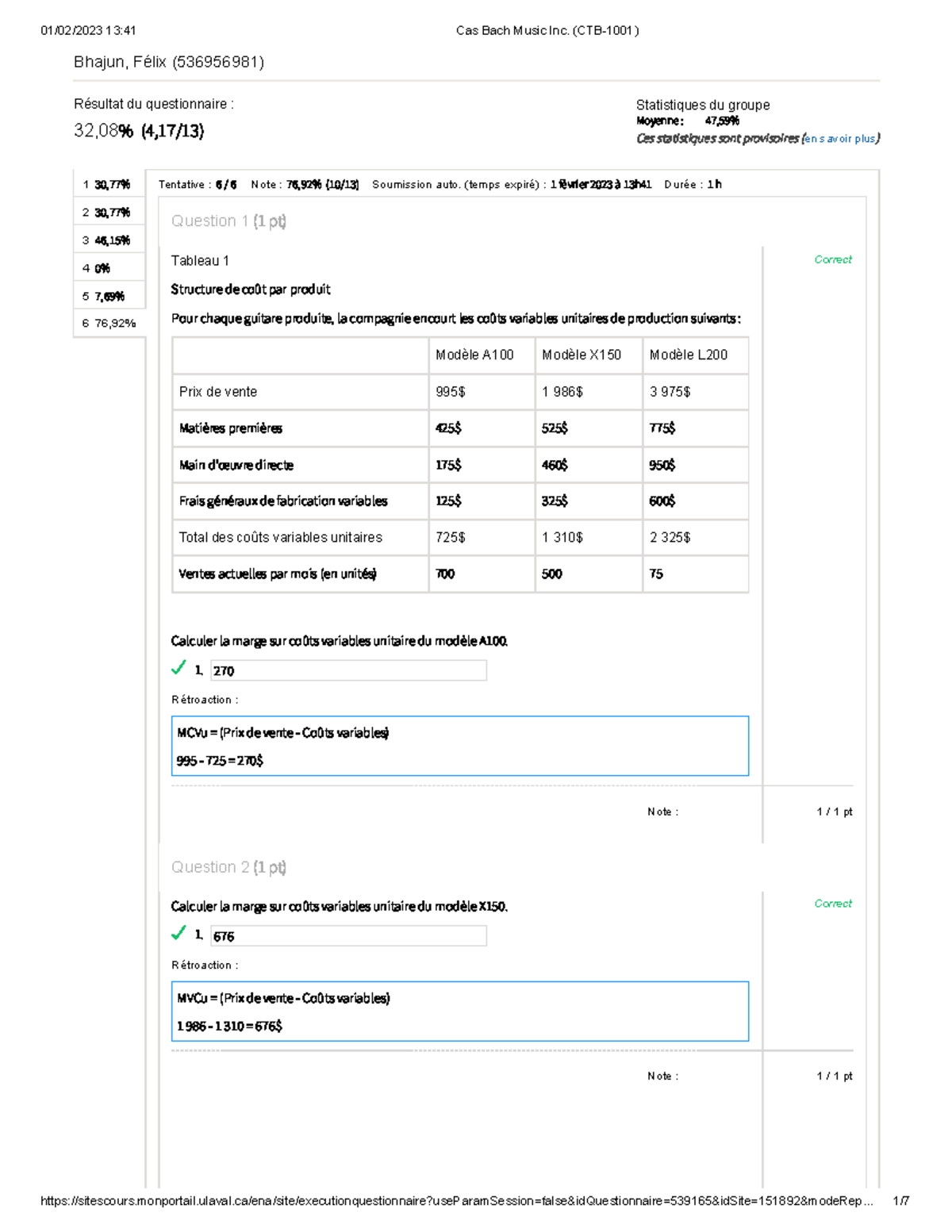 Cas Bach Music Inc. corrigé - Résultat du questionnaire : 32,08% (4,17/ ...
