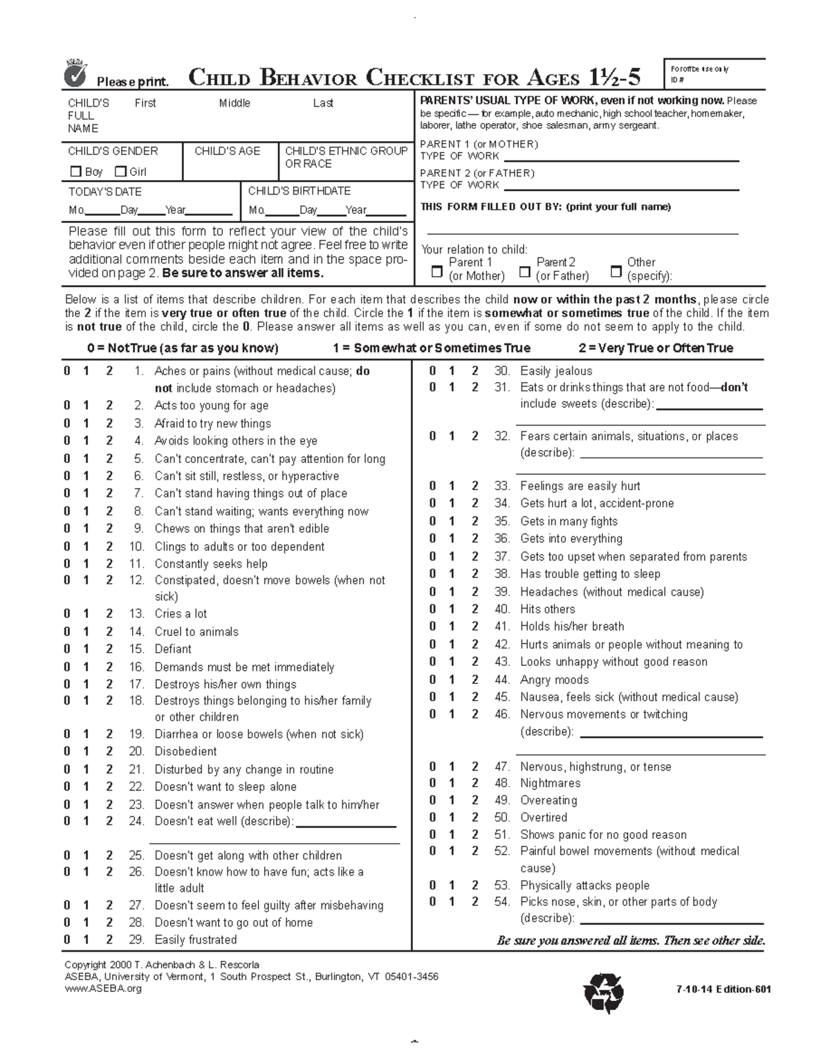 CBCL 1,5-5 english - cbcl - For office use only ID CHILD’S First Middle ...