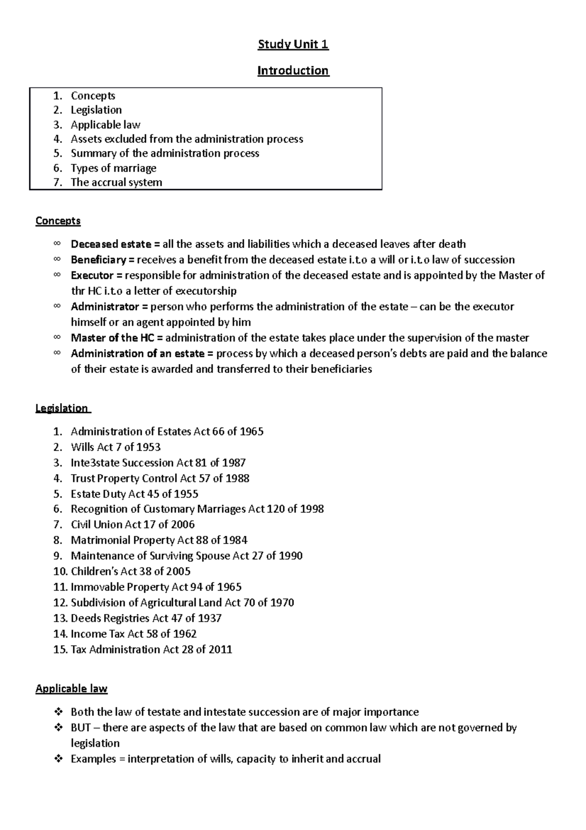 Study Unit 1 Summaries - Study Unit 1 Introduction Concepts Legislation ...
