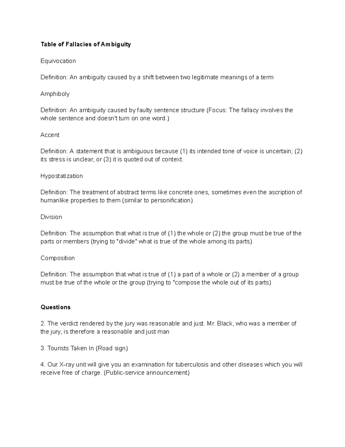 Chapter 3 notes - Table of Fallacies of Ambiguity Equivocation ...