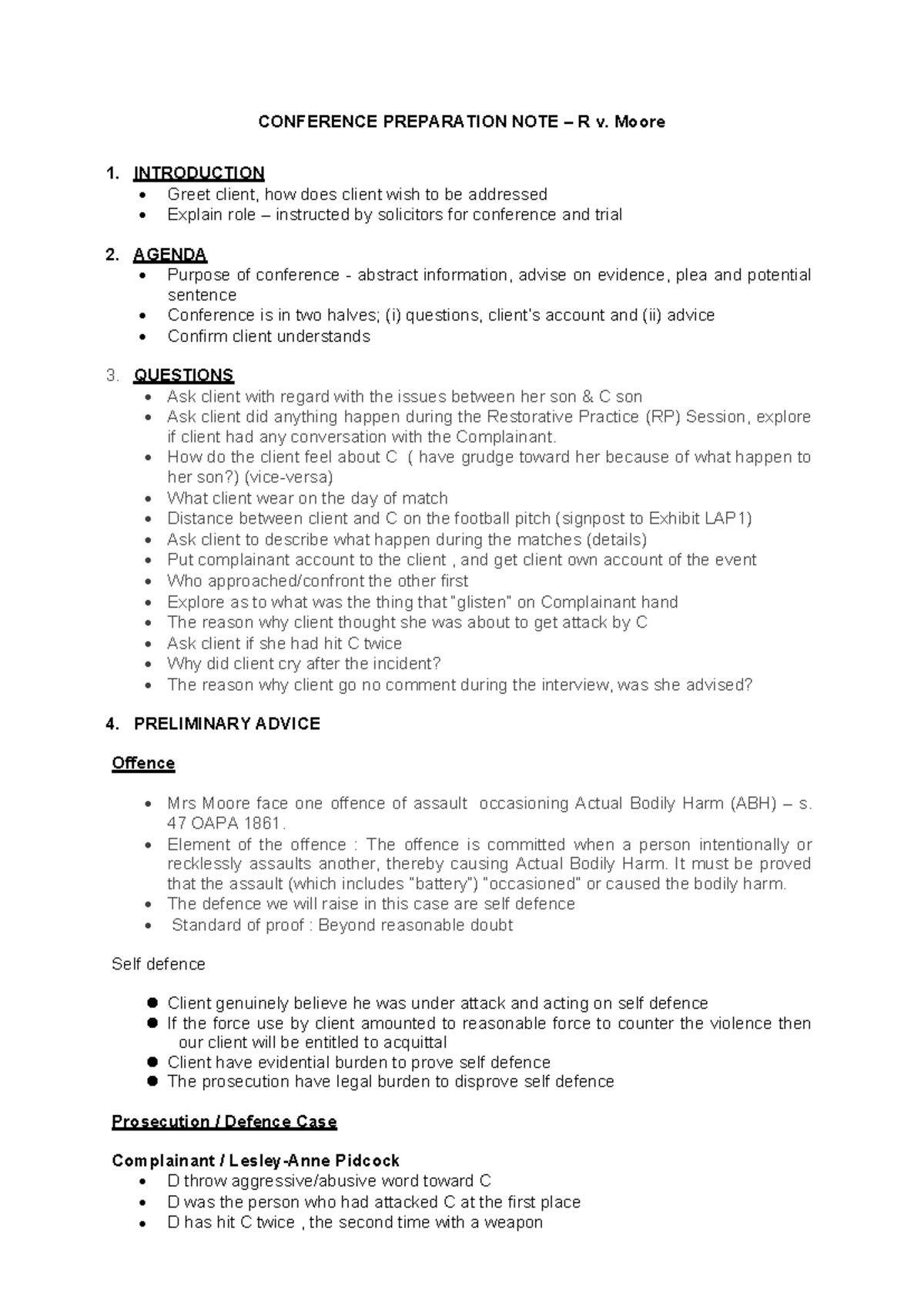 Preparation Note Summative - CONFERENCE PREPARATION NOTE – R v. Moore ...