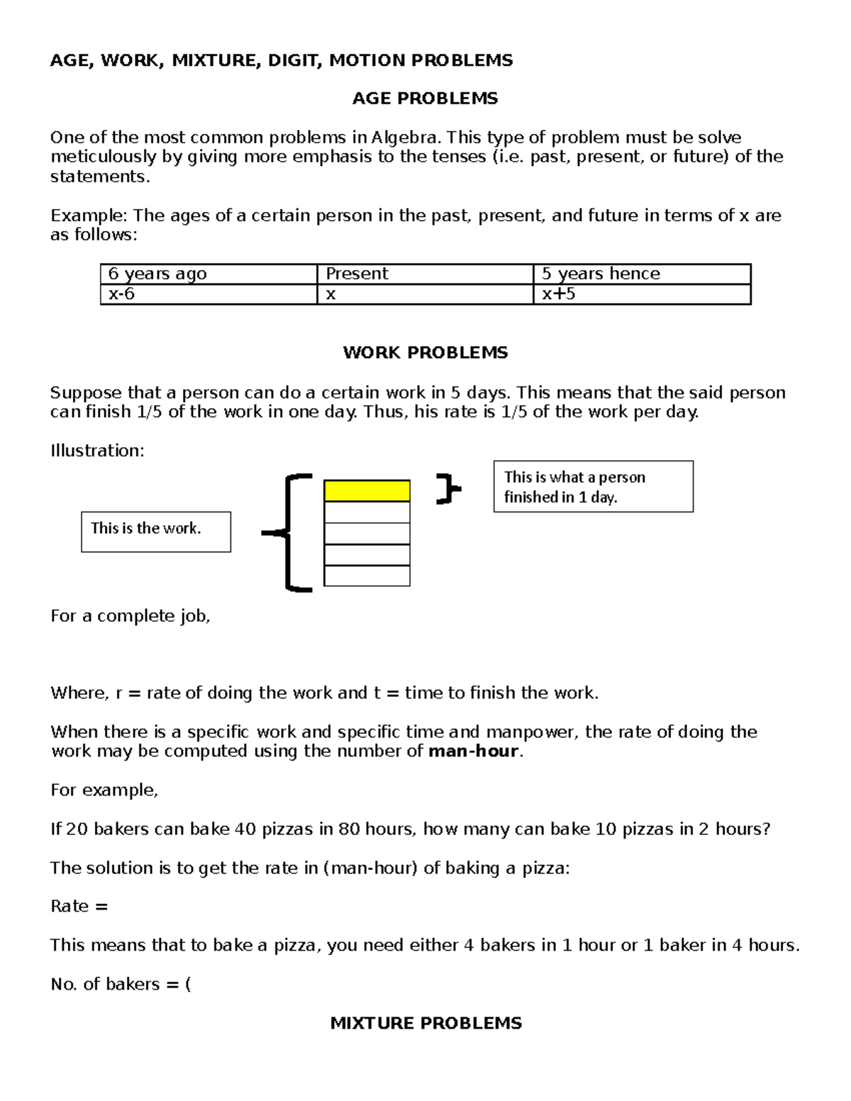 AGE, WORK, Mixture, Digit, AND Motion Problems - AGE, WORK, MIXTURE ...