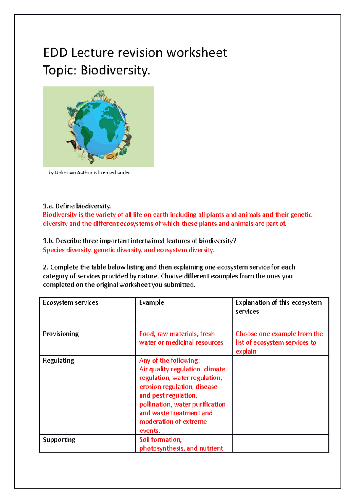 Biodiversity Revision worksheet suggested answers AS 2022 - EDD Lecture ...