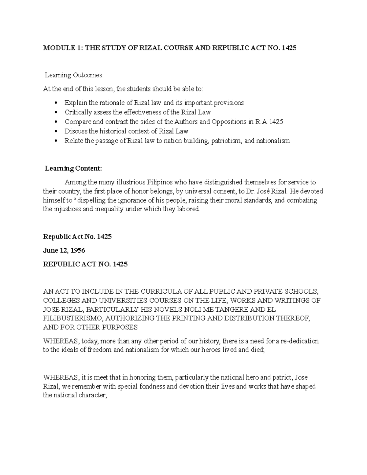 Life of Rizal - MODULE 1: THE STUDY OF RIZAL COURSE AND REPUBLIC ACT NO ...