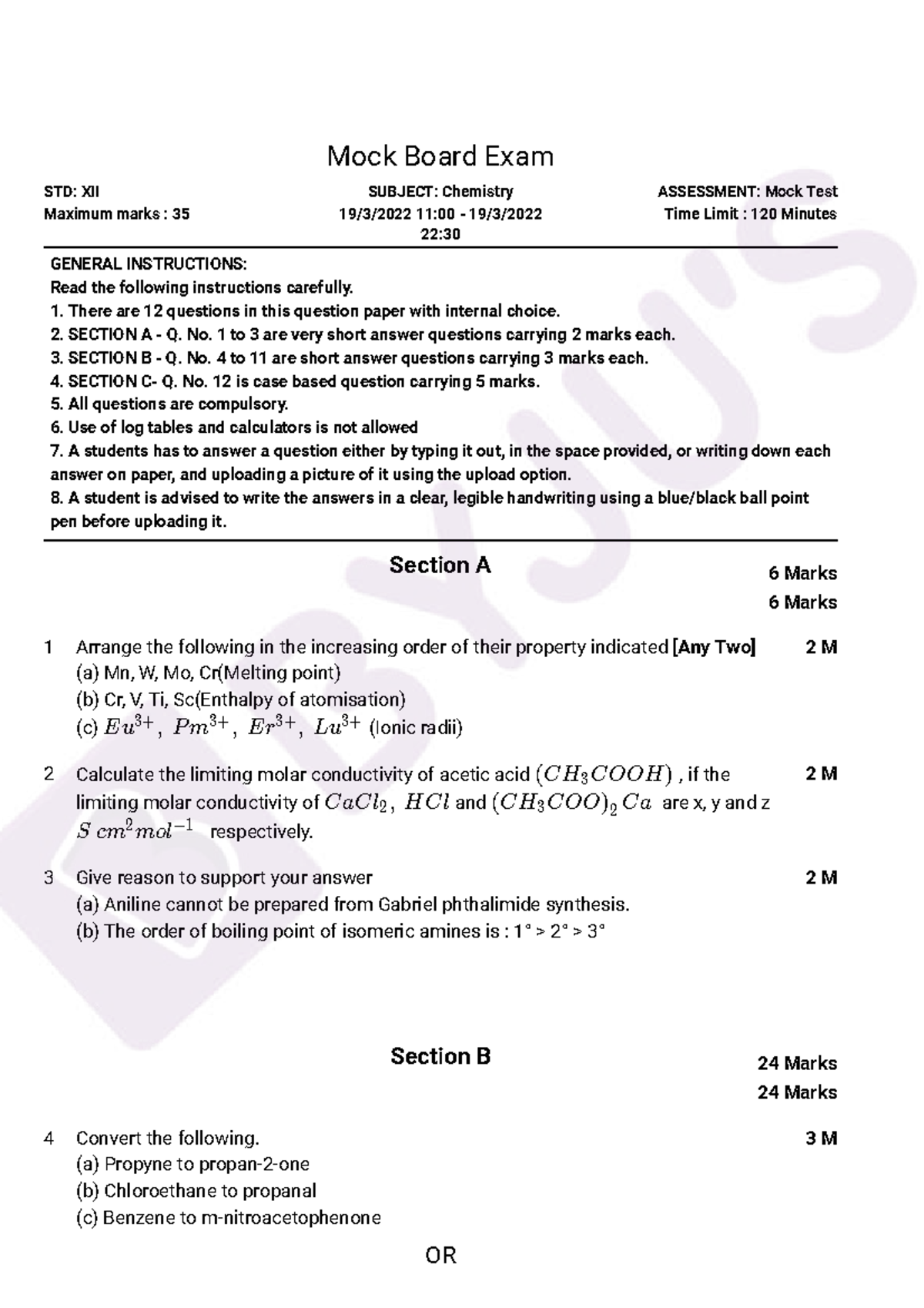 CBSE Class 12 Chemistry Sample Mock Paper Term 2 Exam 2021 22 - 6 Marks ...