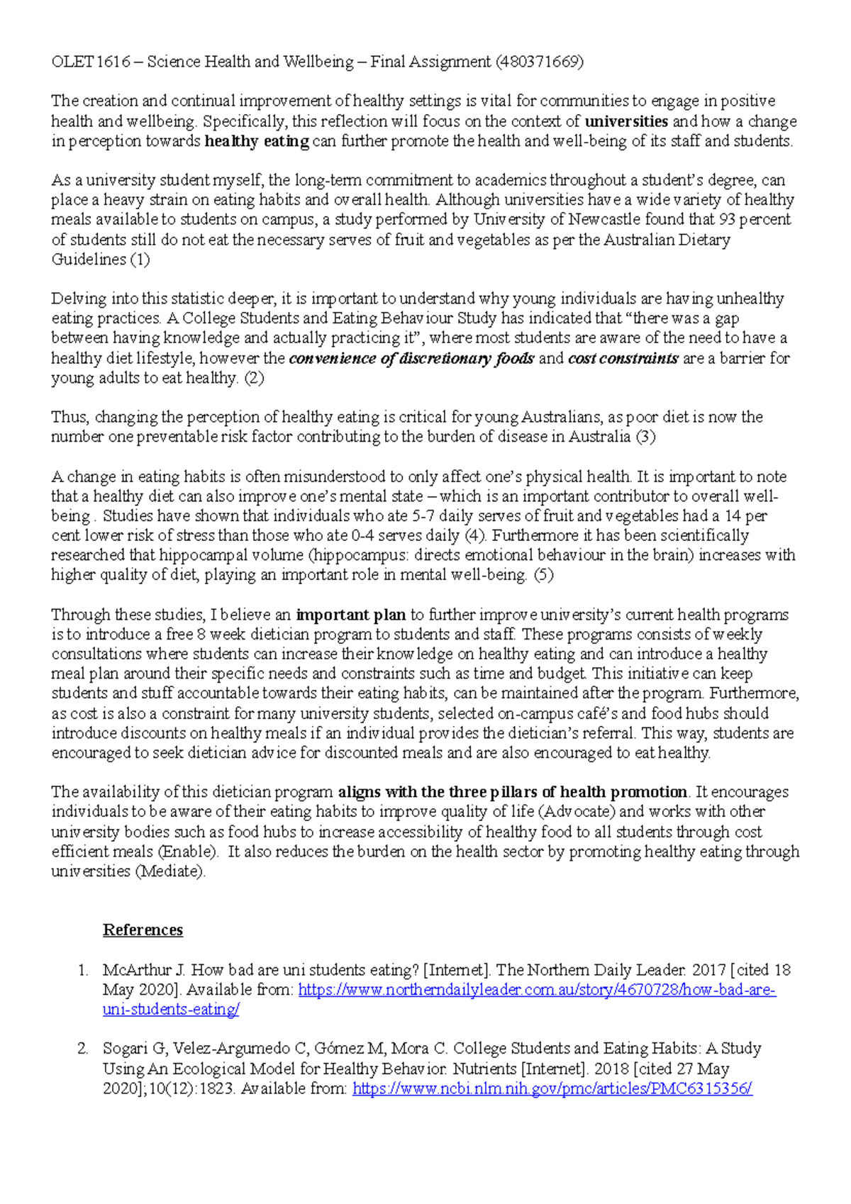 Health and wellbeing assignment - OLET1616 – Science Health and ...
