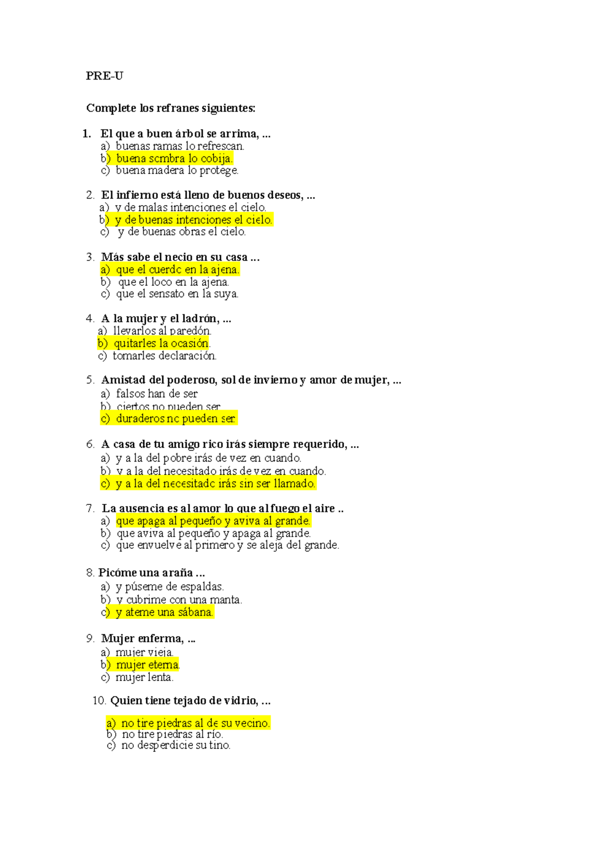 EVALUACION PREUNIVERSITARIA 2021 - PRE-U Complete los refranes ...