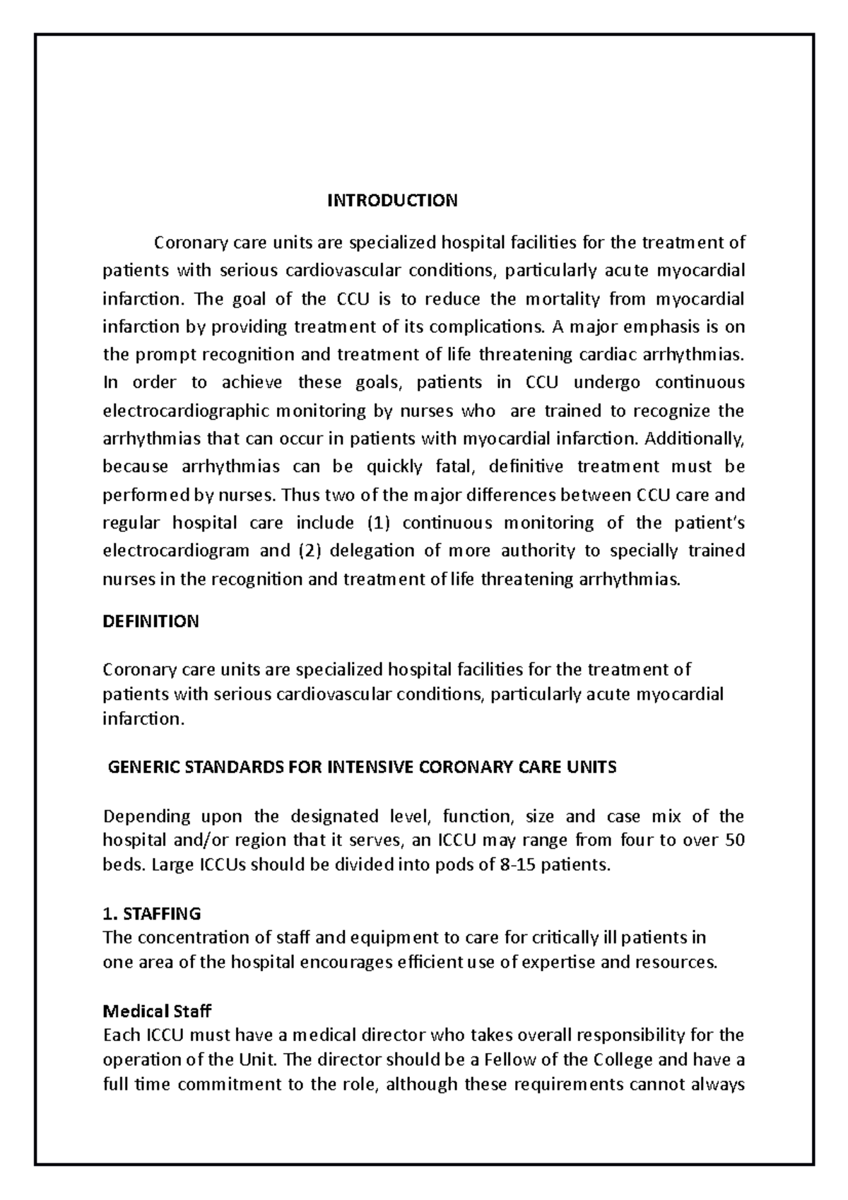 CCU Standards - Msc nursing notes - INTRODUCTION Coronary care units ...