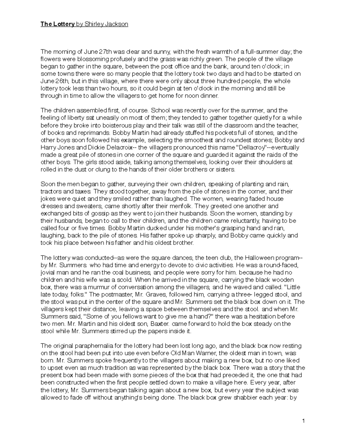 03. The Lottery - CRITICAL READING - The morning of June 27th was clear ...