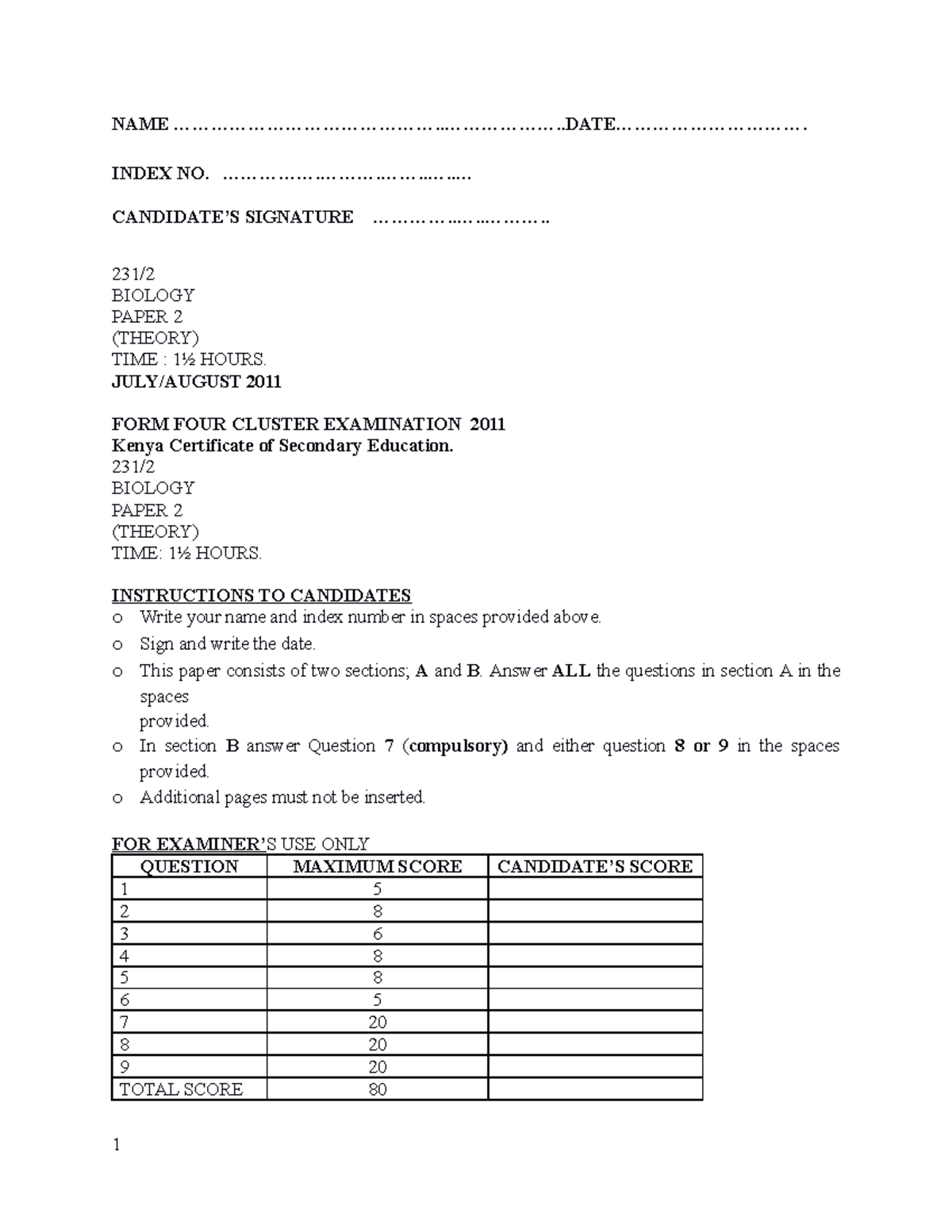 Biology P2 Q - Revision materials for KCSE - NAME - Studocu