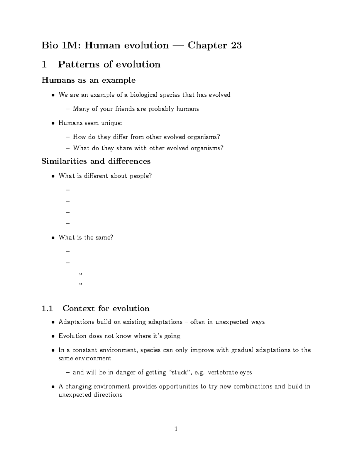 Origins - notes - Bio 1M: Human evolution — Chapter 23 1 Patterns of ...