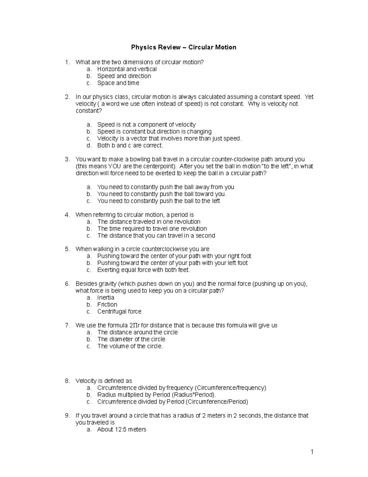 Circular Motion Review - Physics Review – Circular Motion 1. What are ...