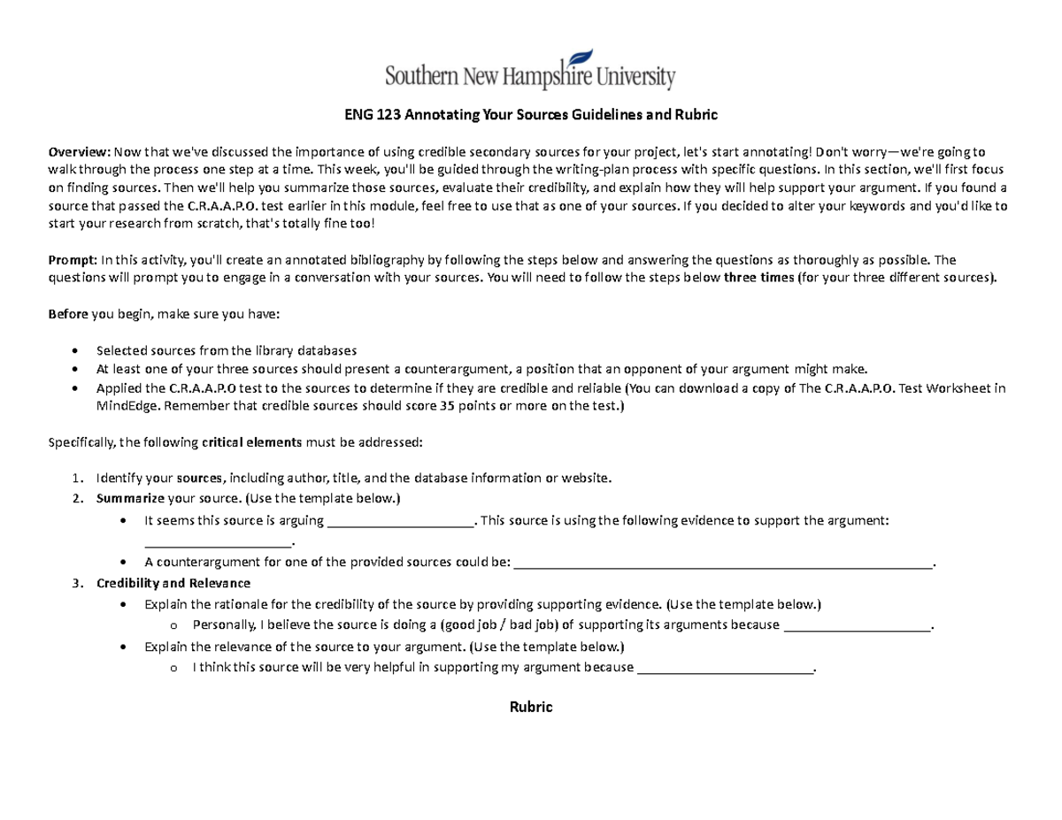 ENG 123 Annotating Your Sources Guidelines and Rubric - This week, you ...