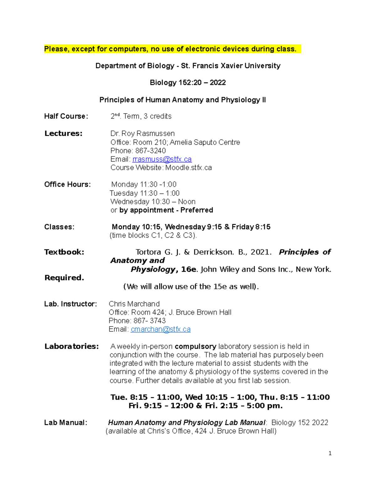BIOL 152.20 Course Outline - 2022 - Please, except for computers, no ...