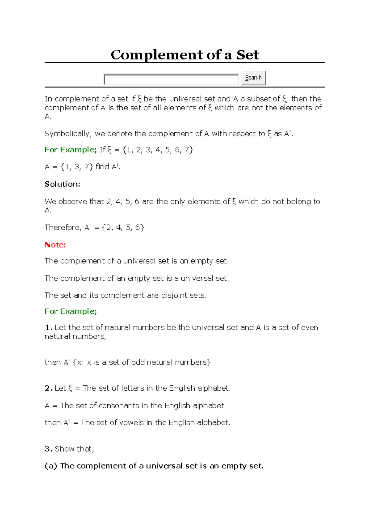 Complement sets - for set - Complement of a Set In complement of a set if ξ be the universal set ...