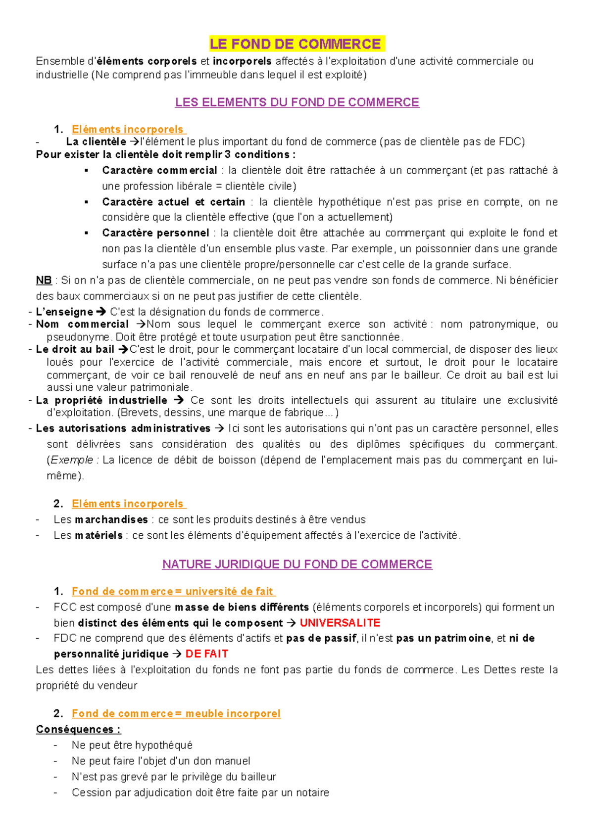 LE FOND DE Commerce - FDC - LE FOND DE COMMERCE Ensemble d’éléments ...