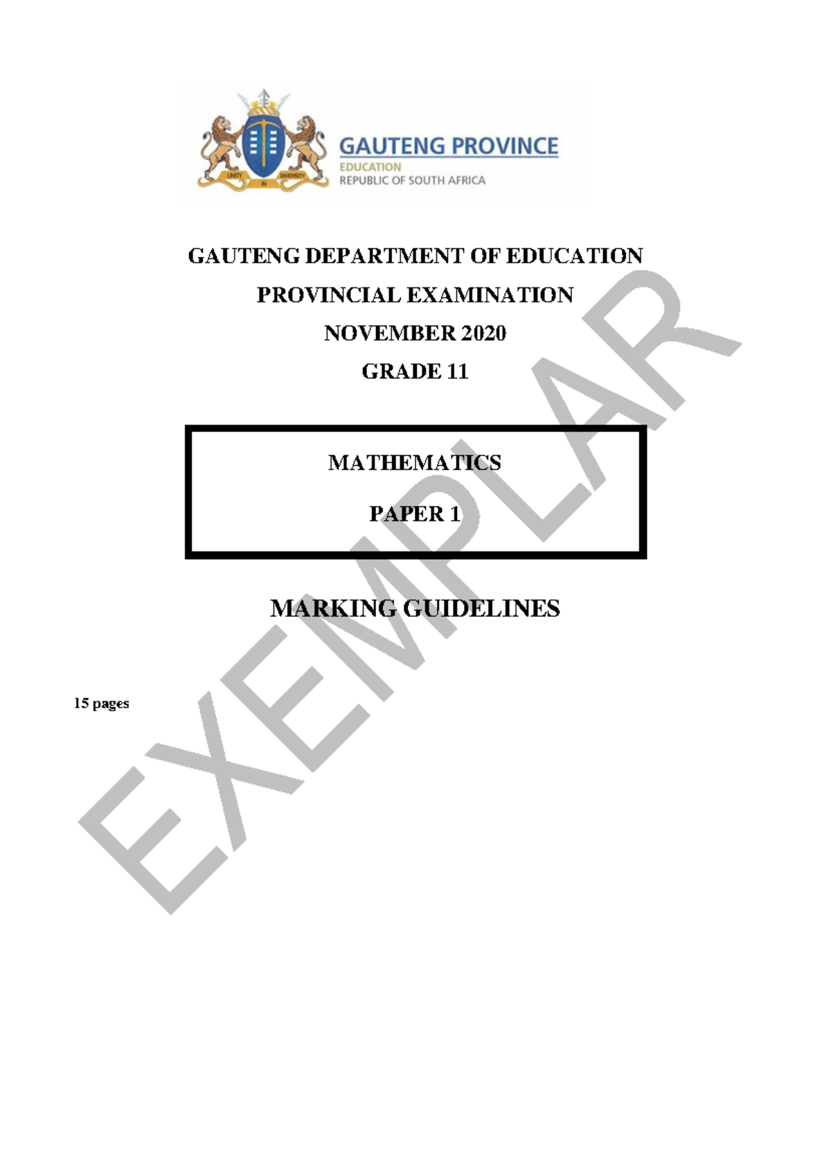 Gr 11 Mathematics P1 Memo ENG (2) - GAUTENG DEPARTMENT OF EDUCATION PROVINCIAL EXAMINATION ...