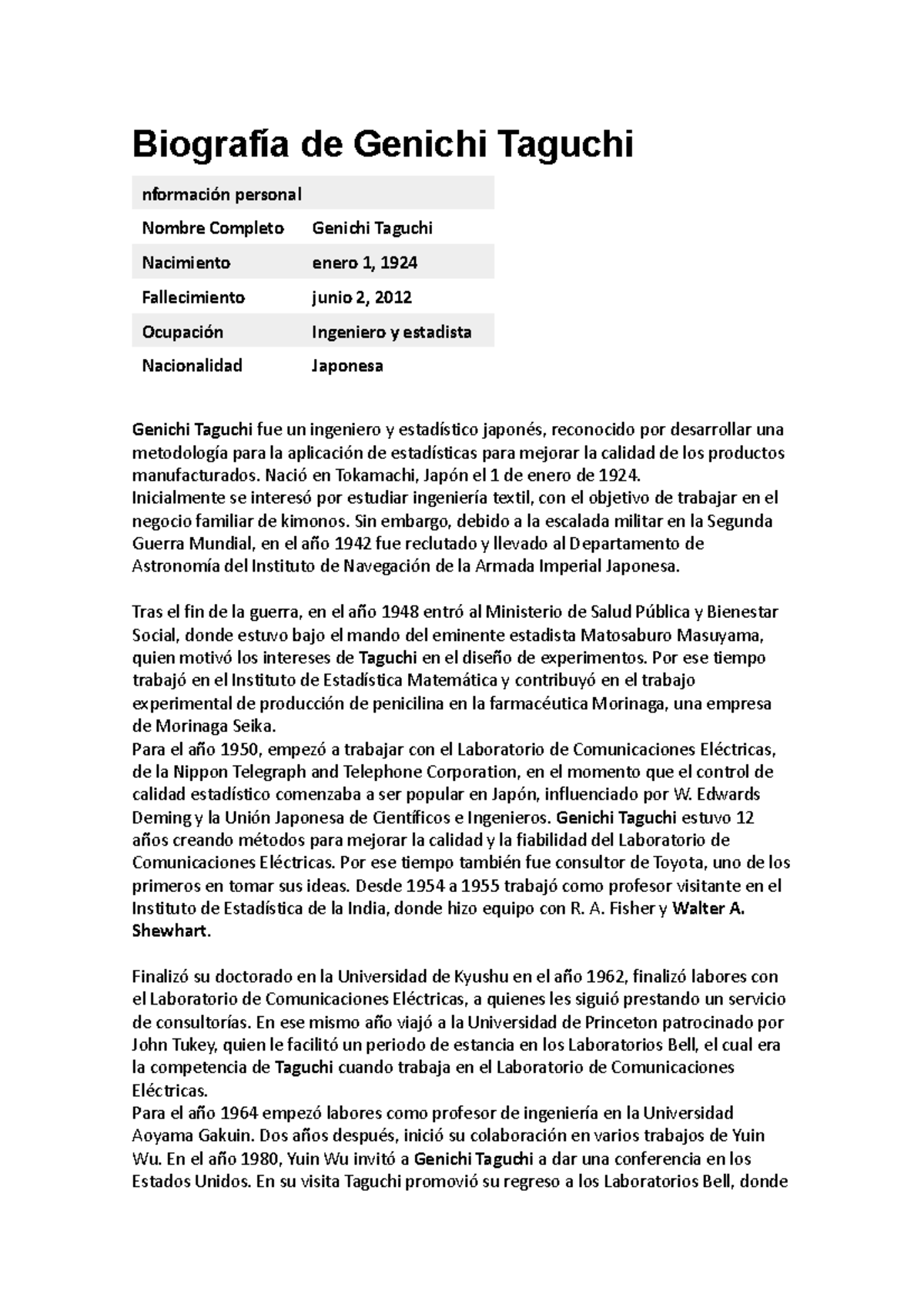 Biografía de Genichi Taguchi - Biografía de Genichi Taguchi nformación ...