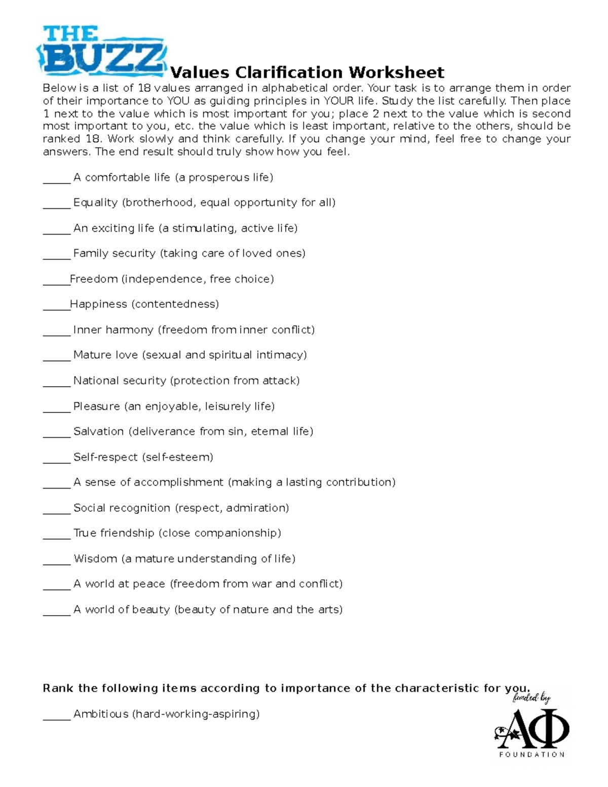 Values Clarification Worksheet - AP Branded - Values Clarification ...