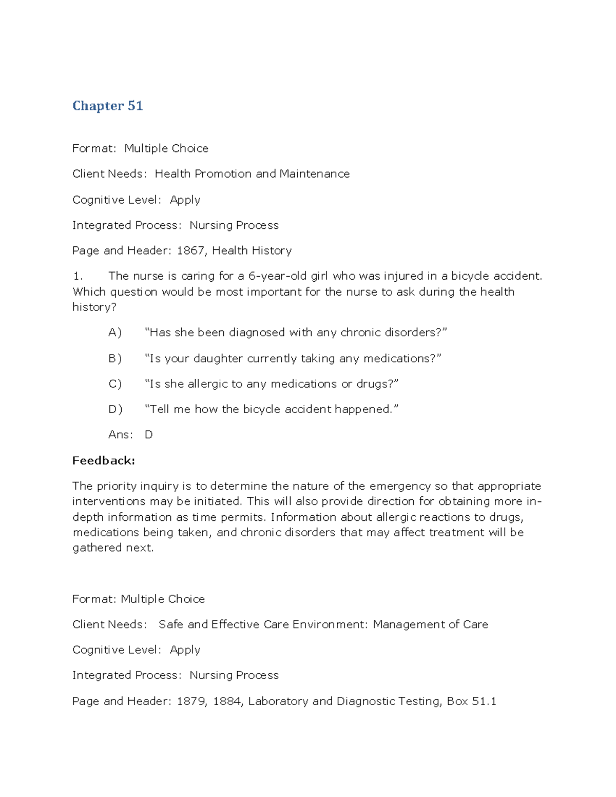 Chapter 51 - Test bank - Chapter 51 Format: Multiple Choice Client ...