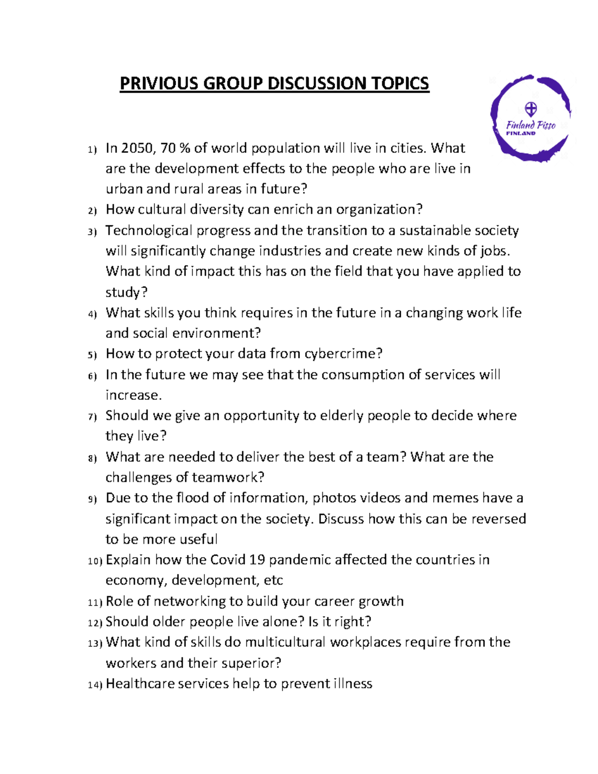 Privious Group Discussion Topic 1 - PRIVIOUS GROUP DISCUSSION TOPICS In ...