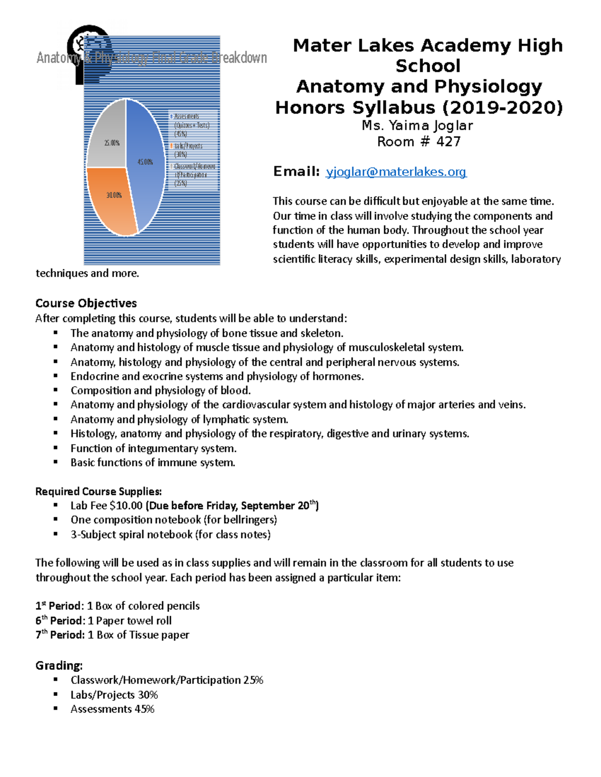 Anatomy Syllabus - Mater Lakes Academy High School Anatomy and ...
