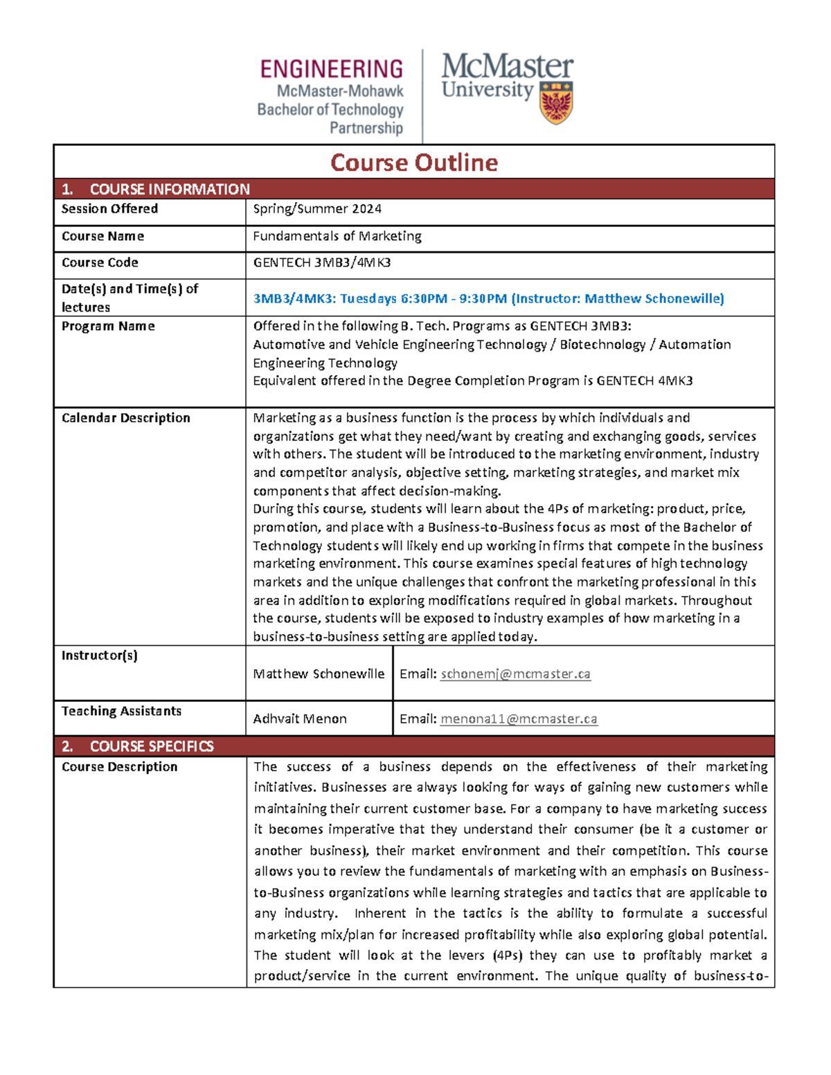 Gentech 3MB3 & 4MK3 Course Outline Spring 2024 - Course Outline 1 ...