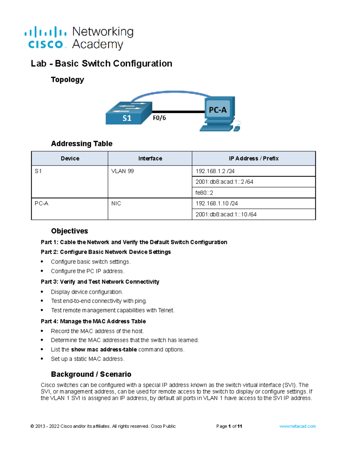 Lab Basic Switch Configuration Topology Addressing Table Device Interface Ip Address Prefix