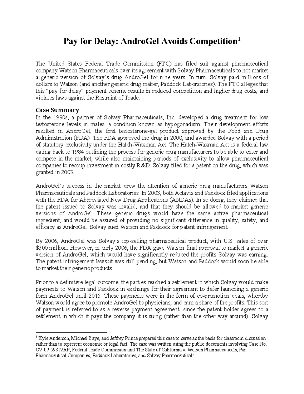 SampleTo produce - Pay for Delay: AndroGel Avoids Competition 1 The ...