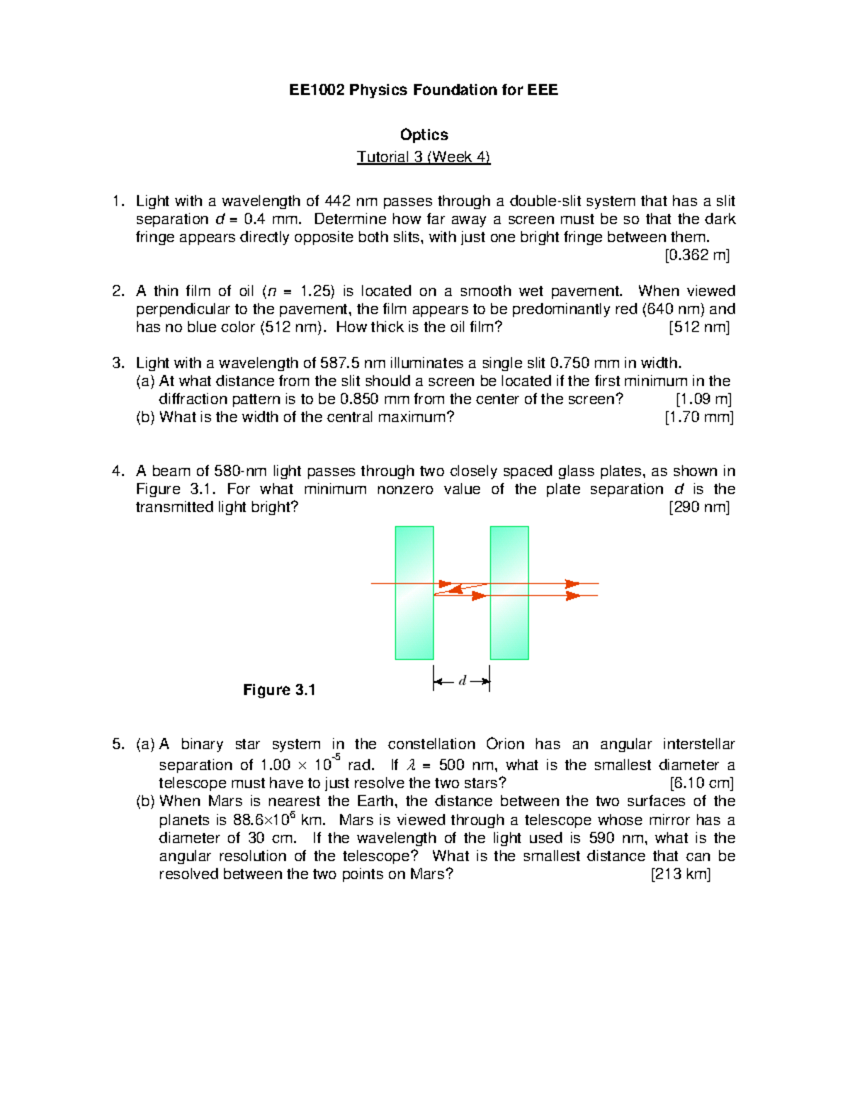 TUT 3 - Optics - Tut 11-Quantum Physics - EE1002 Physics Foundation for EEE Optics Tutorial 3 ...