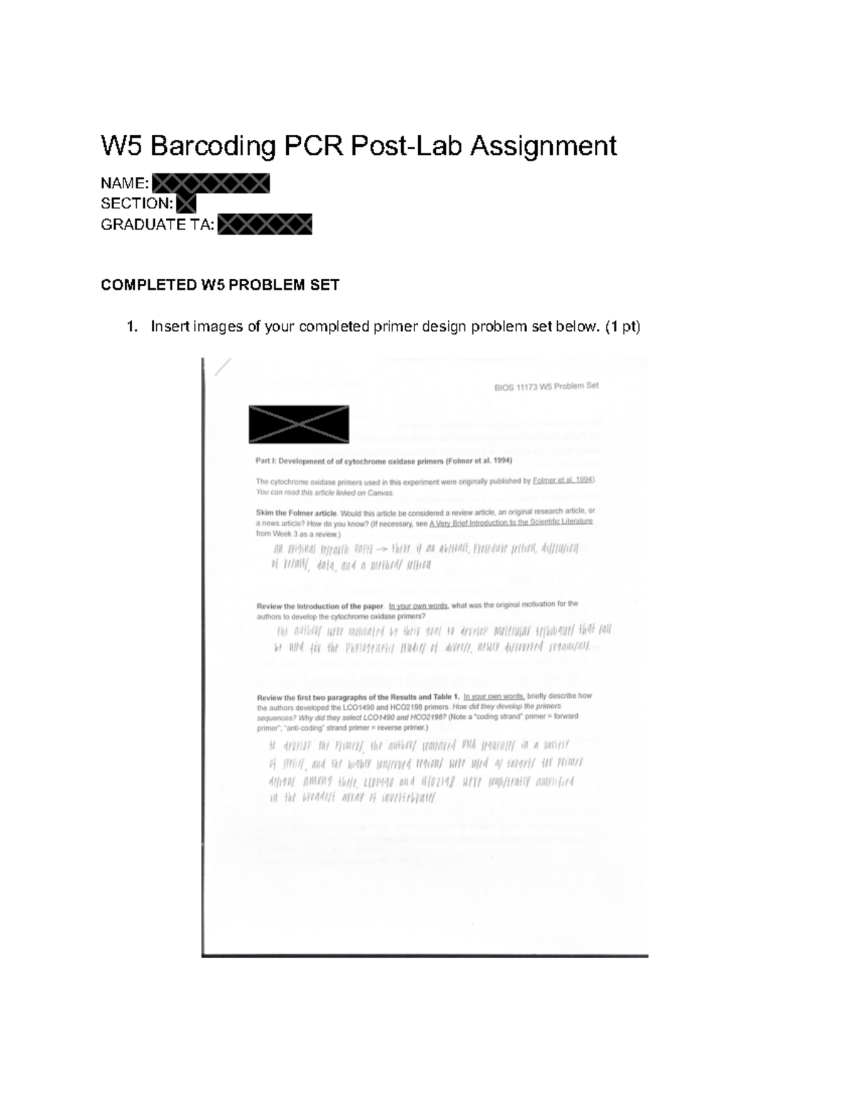 W5 Post-Lab - Post-Lab - W5 Barcoding PCR Post-Lab Assignment NAME ...