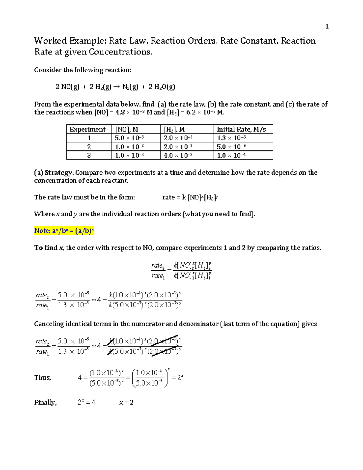 Worked Example Kinetics - 1 Worked Example: Rate Law, Reaction Orders ...