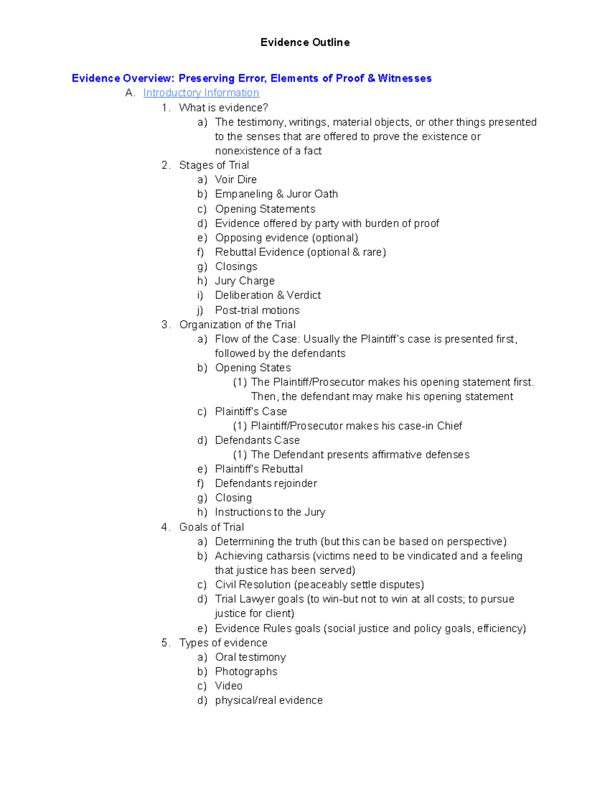 Evidence Outline - Evidence Overview: Preserving Error, Elements of ...