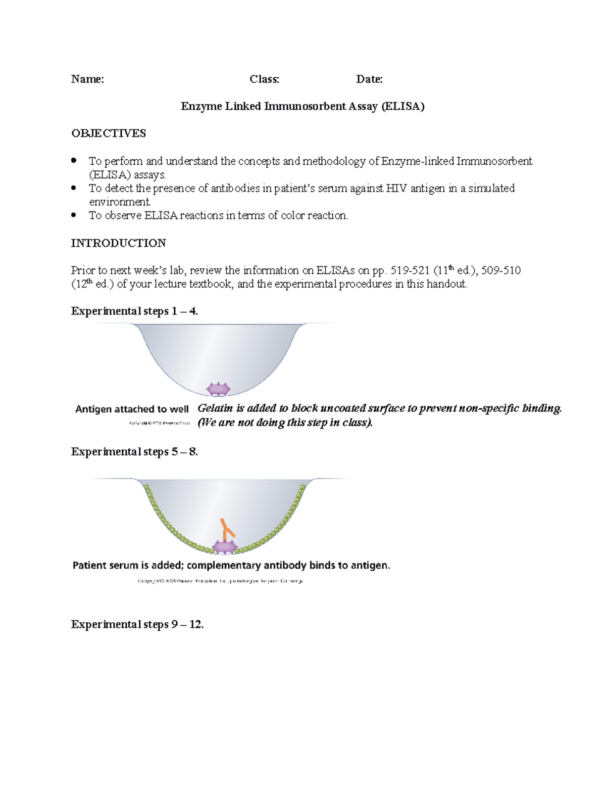 Elisa Lab Handout - Name: Class: Date: Enzyme Linked Immunosorbent ...