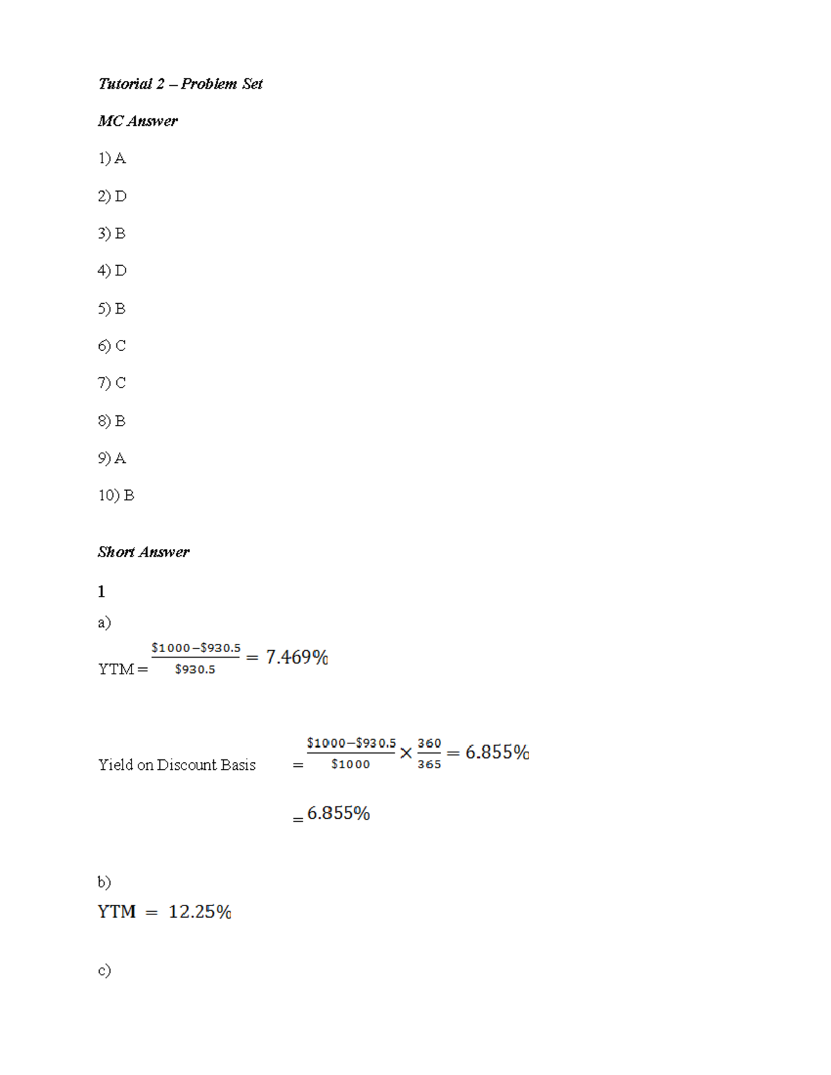fina 2330 Financial Markets and Institutions Tutorial 2 MC answer ...