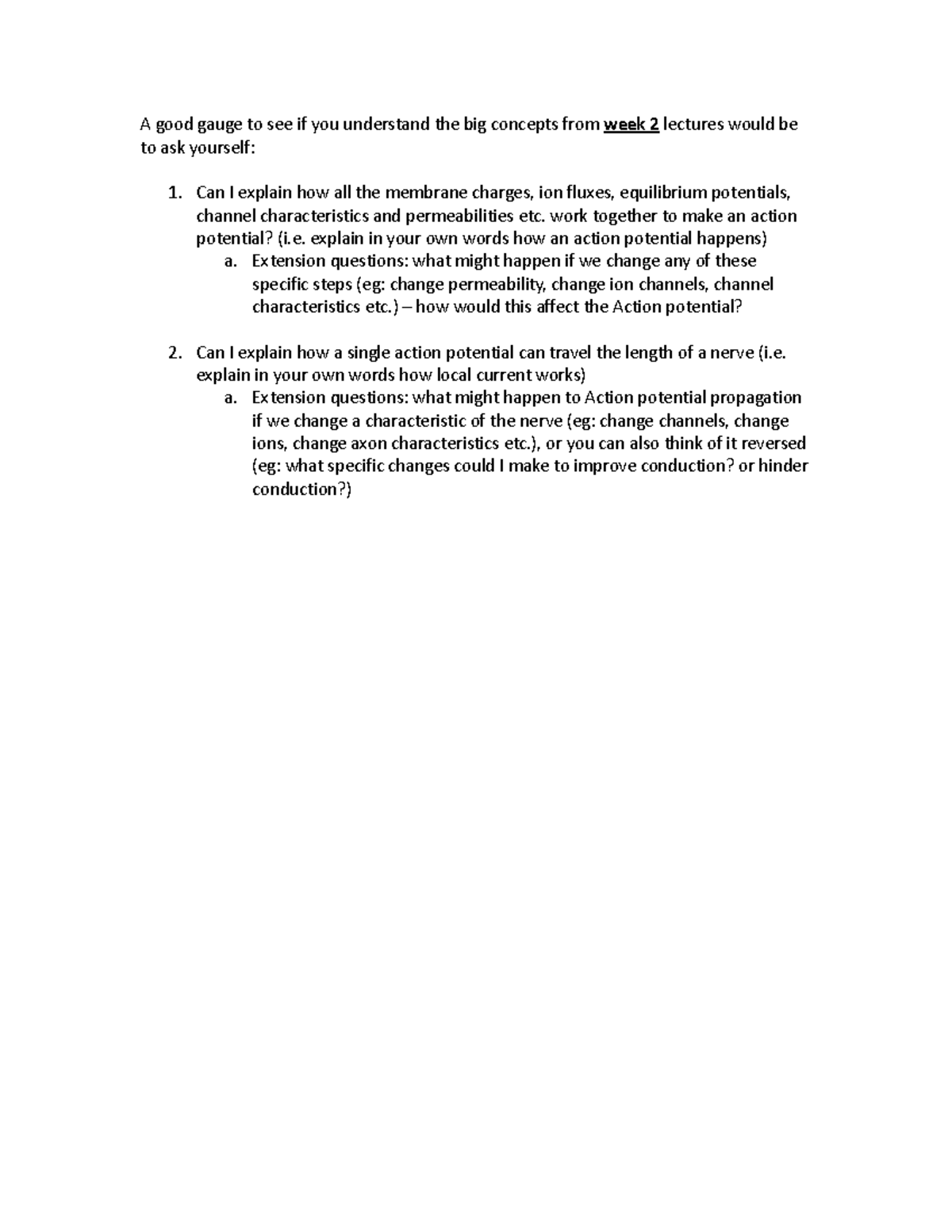 Thinking questions - end of week 2 - A good gauge to see if you ...