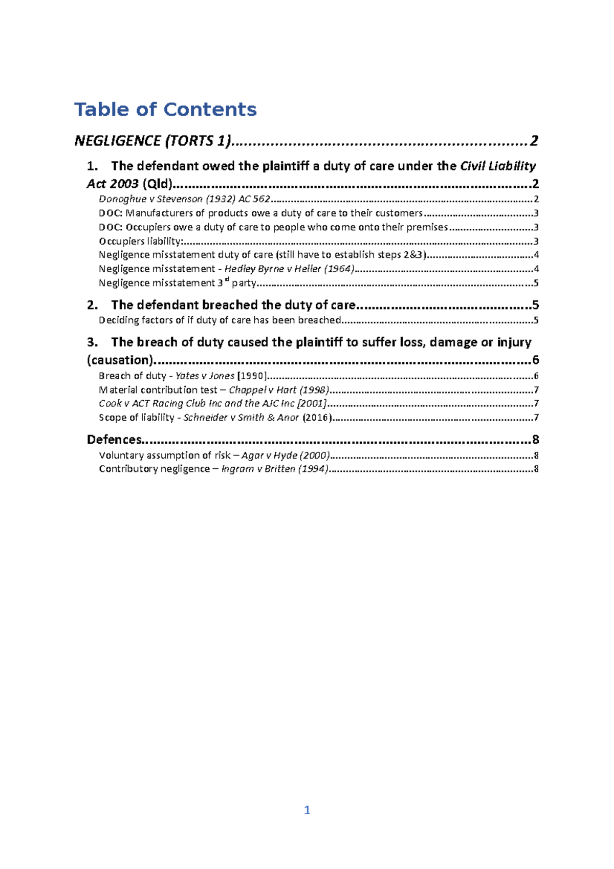 Torts 1 Negligence - Table of Contents NEGLIGENCE (TORTS - Studocu