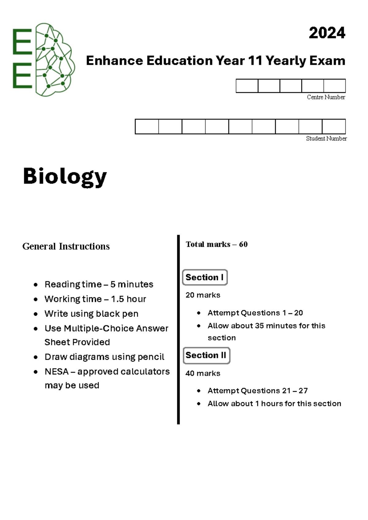 Biology Preliminary Mock Exam 3 - 2024 Enhance Education Year 11 Yearly ...