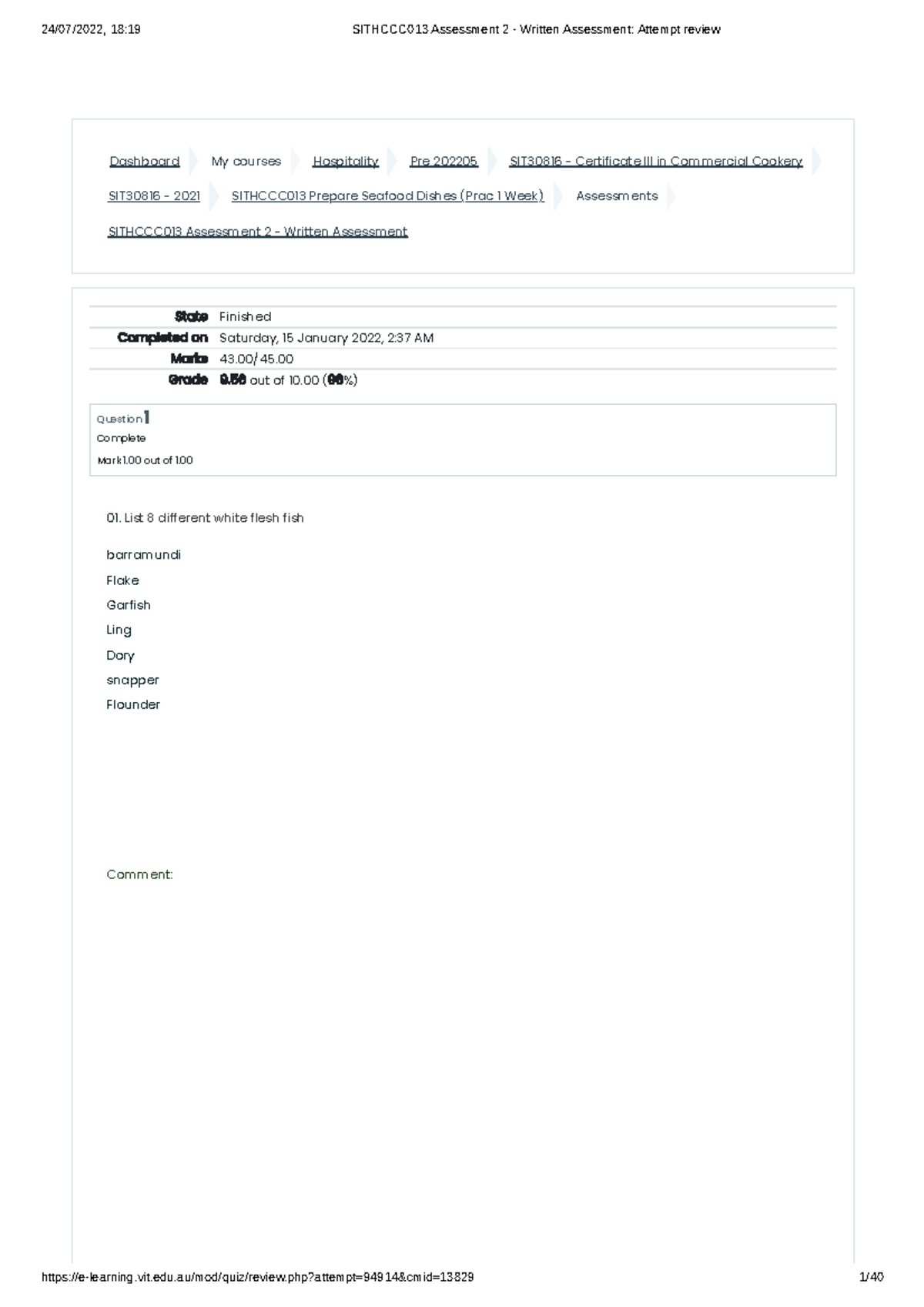 Sithccc 013 Assessment 2 - Written Assessment Attempt review - Dashboard My courses Hospitality ...