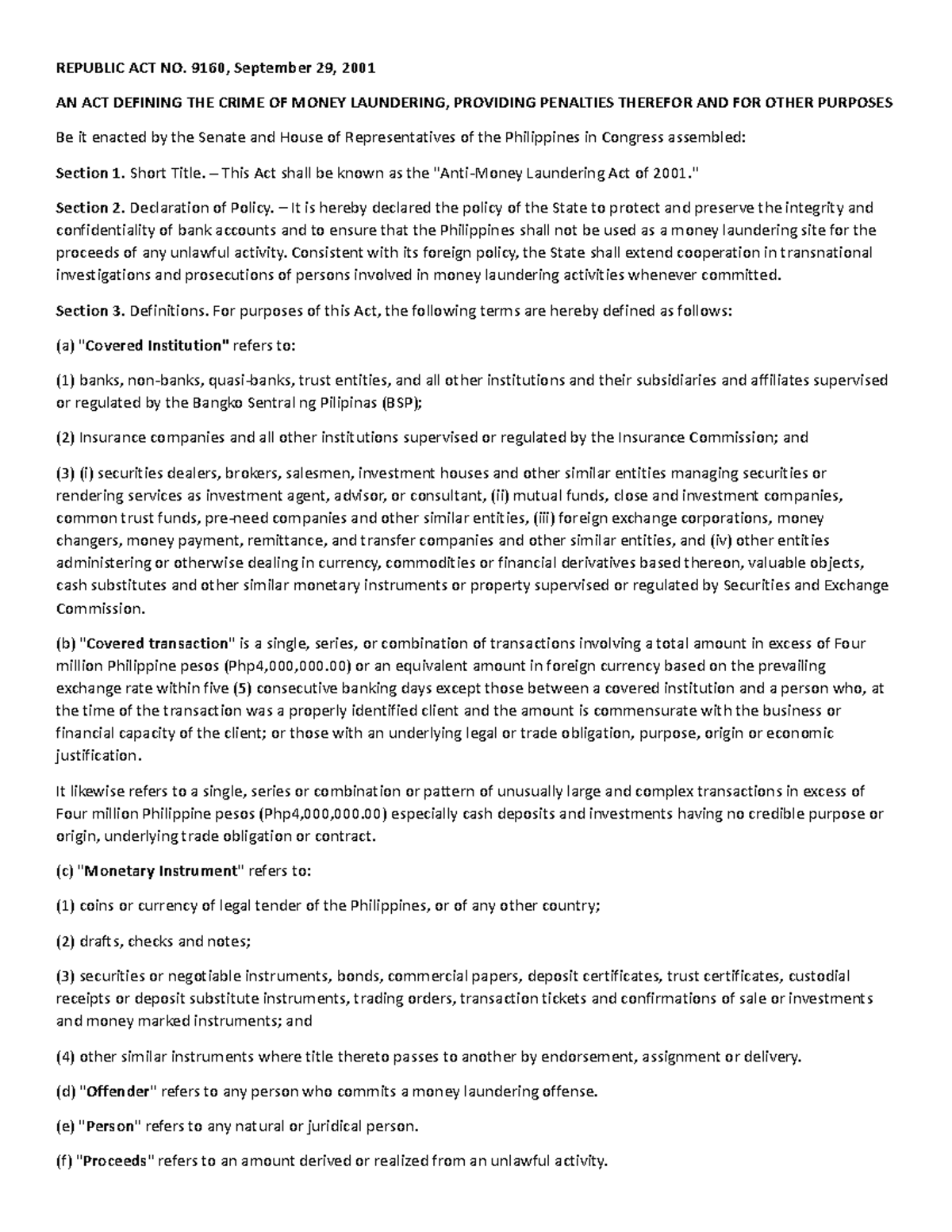 RA 9160 - Provisions of RA 9160 - REPUBLIC ACT NO. 9160, September 29 ...