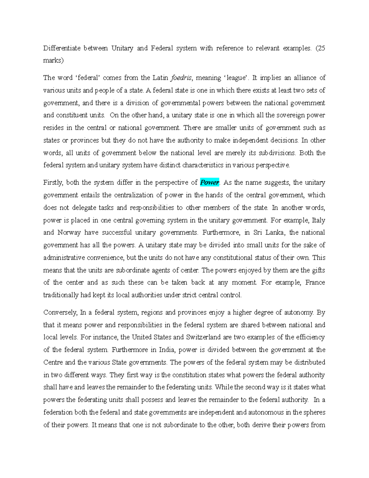 Unitary and Federal - ( marks) The word ‘federal’ comes from the Latin ...