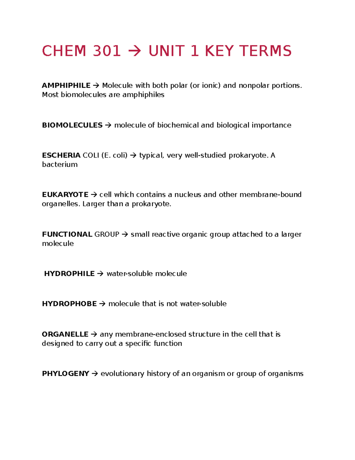 Unit 1 Key Terms - CHEM 301 UNIT 1 KEY TERMS AMPHIPHILE Molecule with both polar (or ionic) and ...
