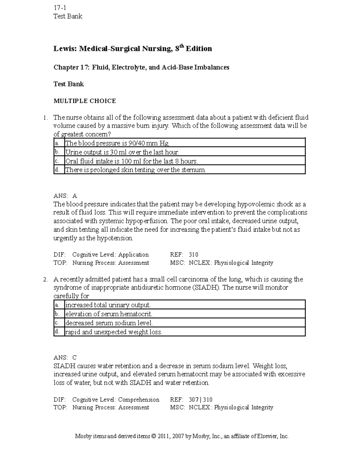 Chapter 017 Fluid, Electrolyte, and Acid-Base Imbalances - Test Bank ...